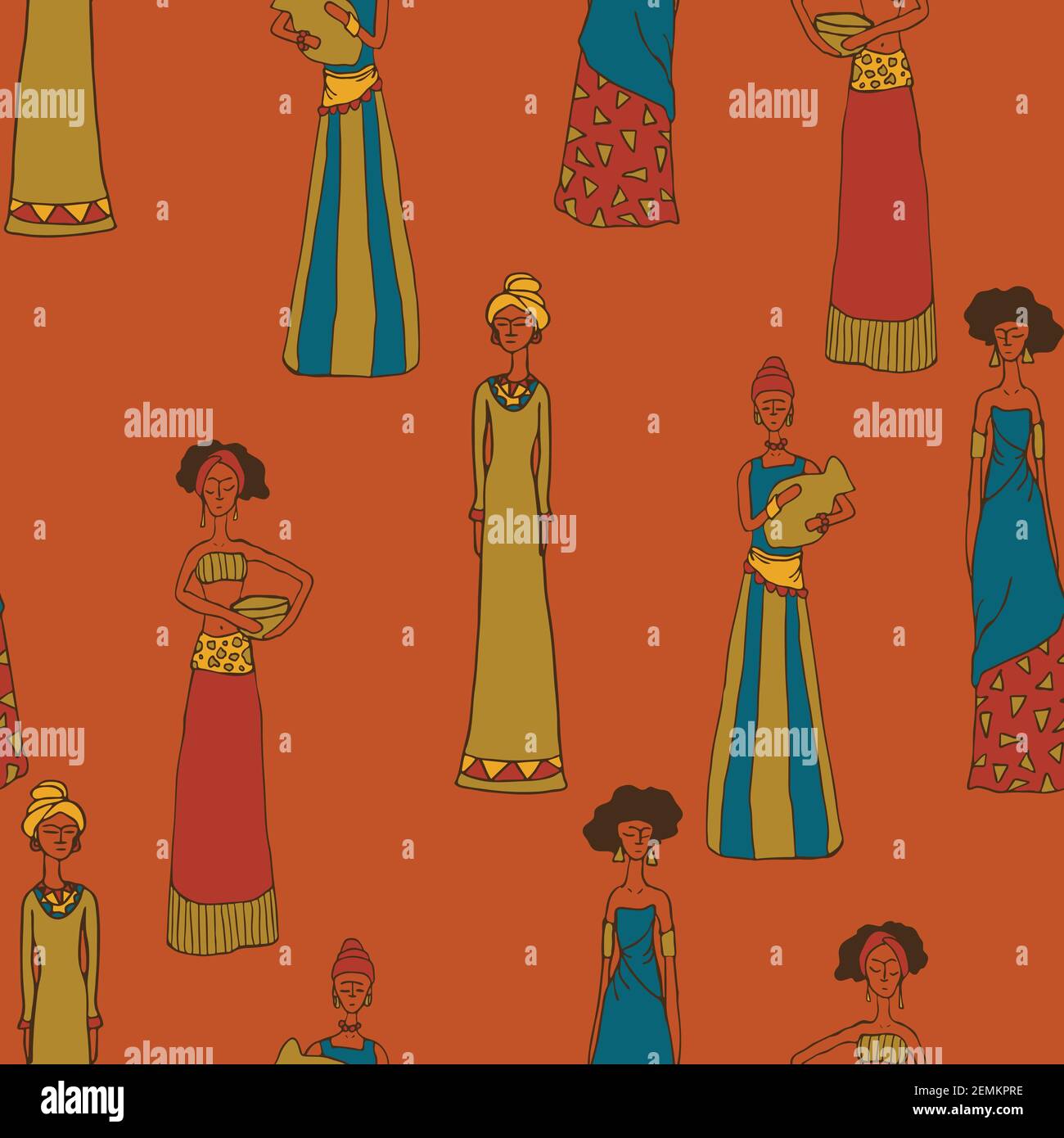 Seamless vector pattern with African women on orange background. Simple ...
