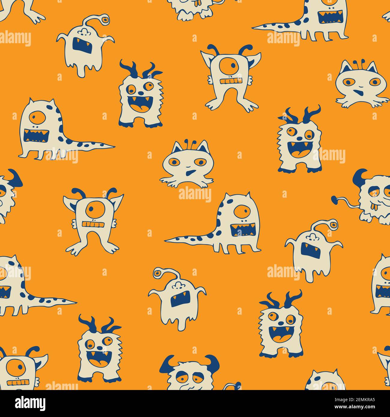 Seamless vector pattern with white monsters on yellow background ...