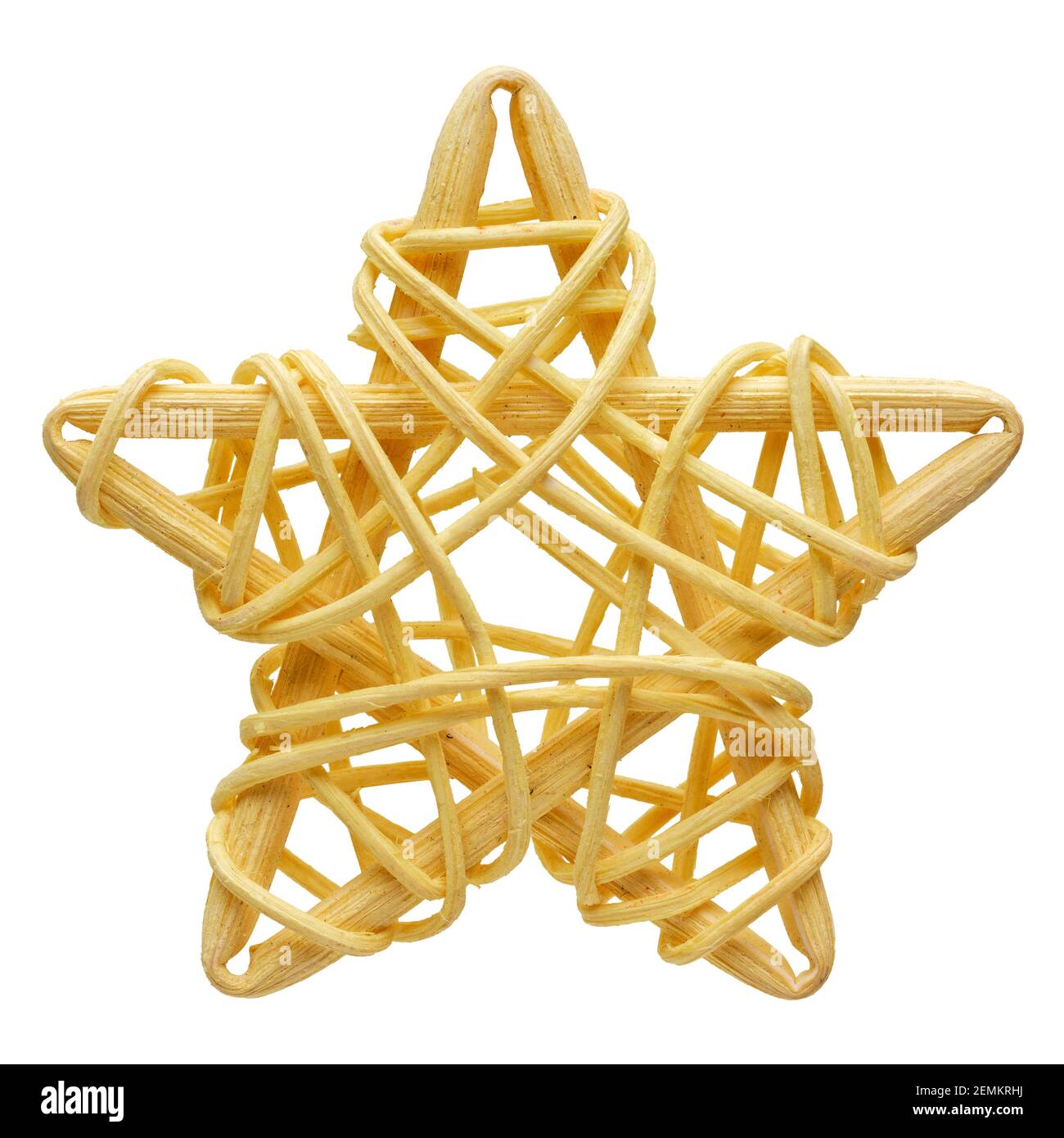Yellow five-point star, handmade wicker decoration, isolated on white ...