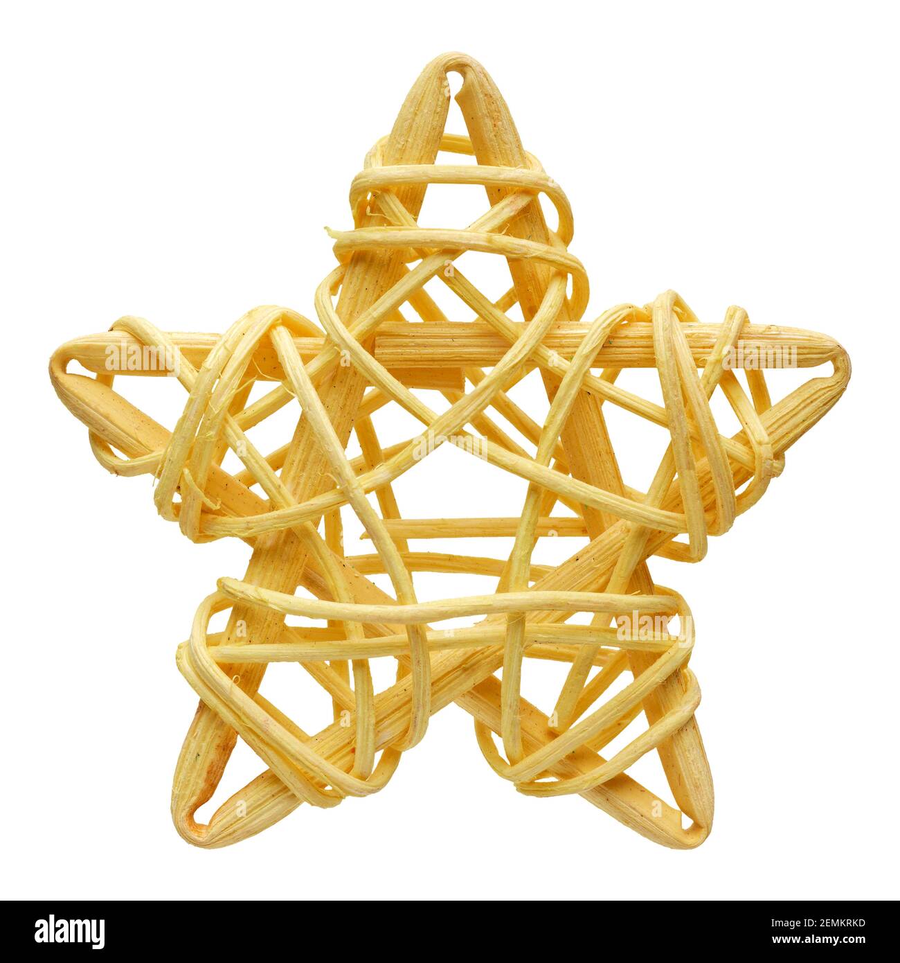 Yellow five-point star, handmade wicker decoration, isolated on white ...