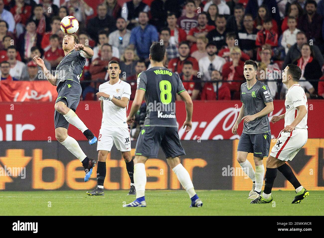 Sevilla FC's Andre Silva and Real Sociedad's David Zurutuza, Mikel ...