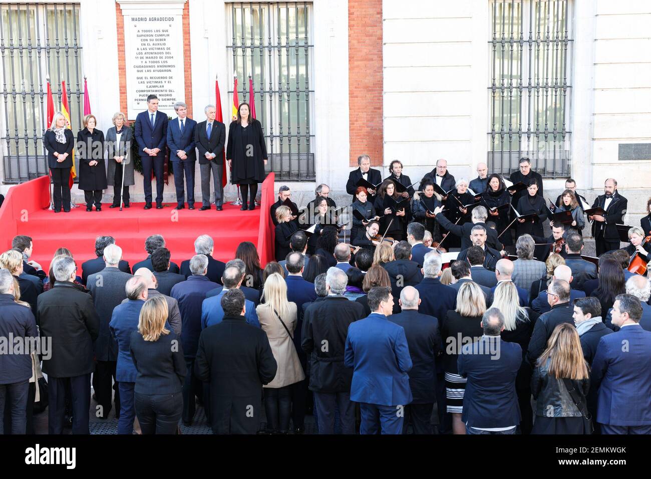 Angel Garrido (R), Pedro Sanchez (C), Manuela Carmena (L) and member of ...