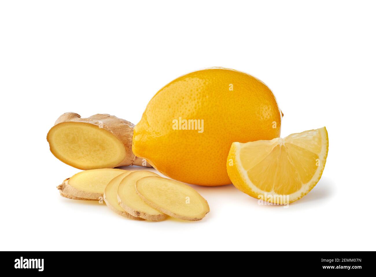 Sliced ginger root and lemon on white Stock Photo - Alamy