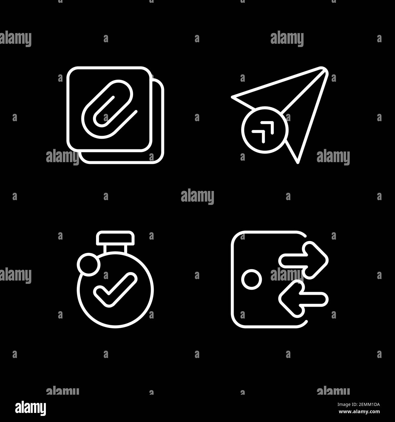 Mobile application interface white linear icons set for dark theme ...