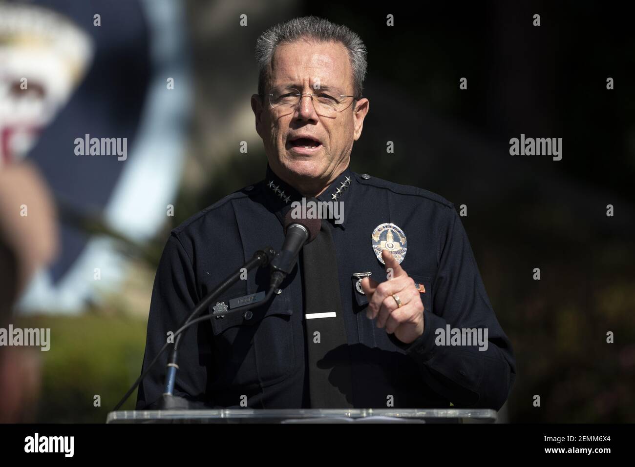 Los Angeles Police Chief Michel Moore speaks during a ceremony in honor ...