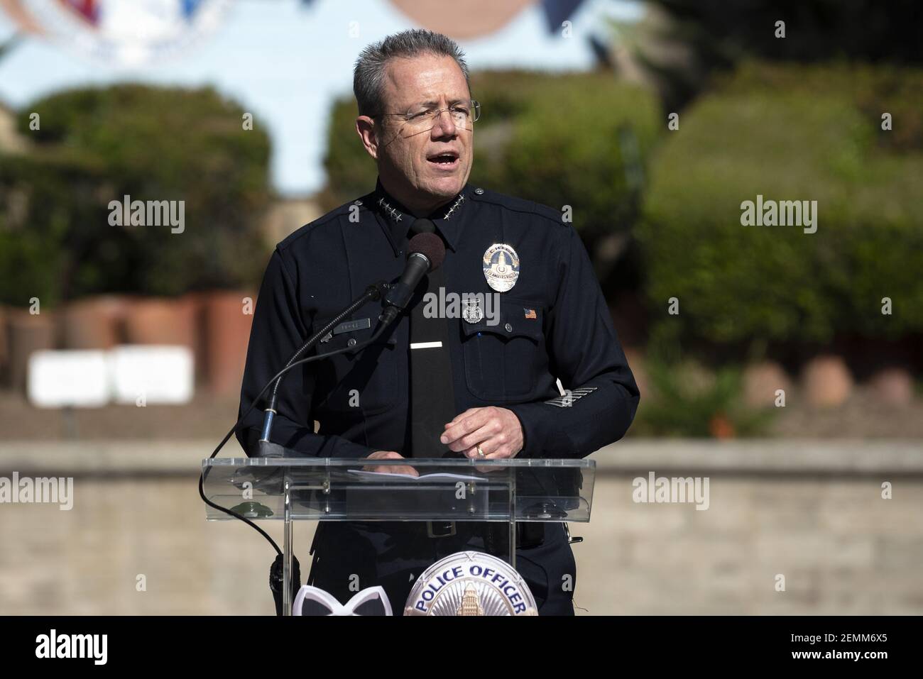 Los Angeles Police Chief Michel Moore speaks during a ceremony in honor ...