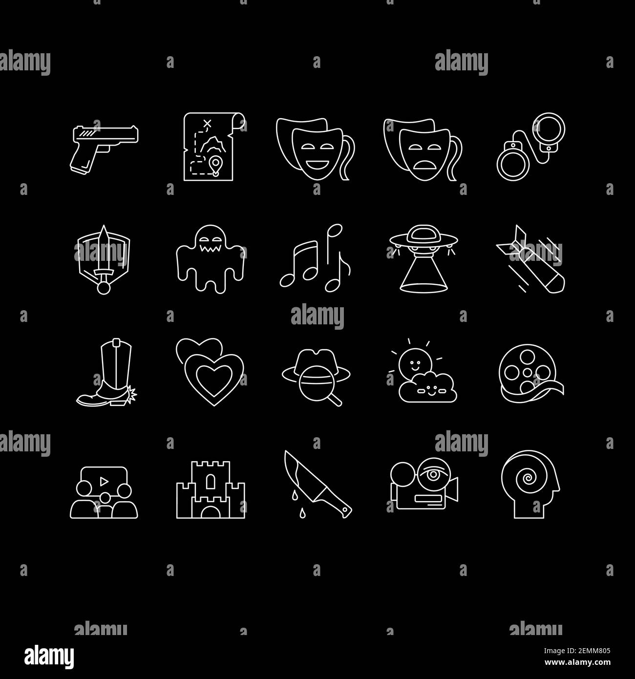 Different film genres white linear icons set for dark theme Stock ...