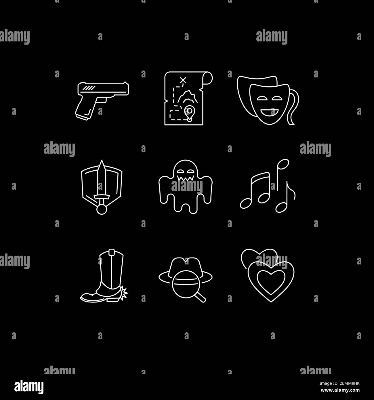 Movie genres white linear icons set for dark theme Stock Vector Image ...