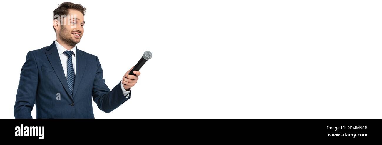 smiling news commentator holding microphone isolated on white, banner ...
