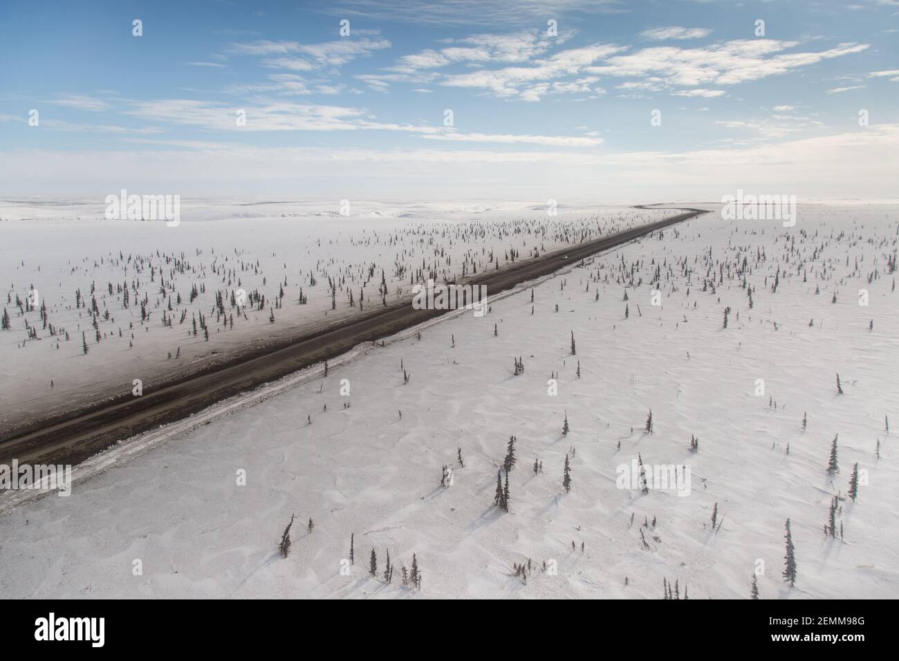 Aerial winter view of the 139km all-weather gravel Inuvik-Tuktoyaktuk ...