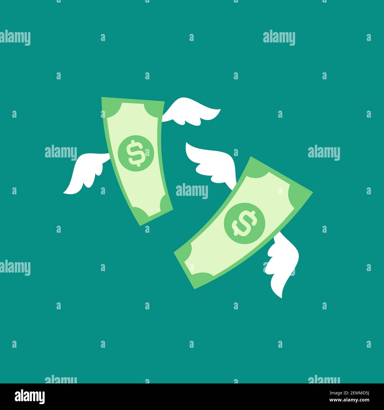 dollar banknotes with white wings. Flat blue background. Flying money ...