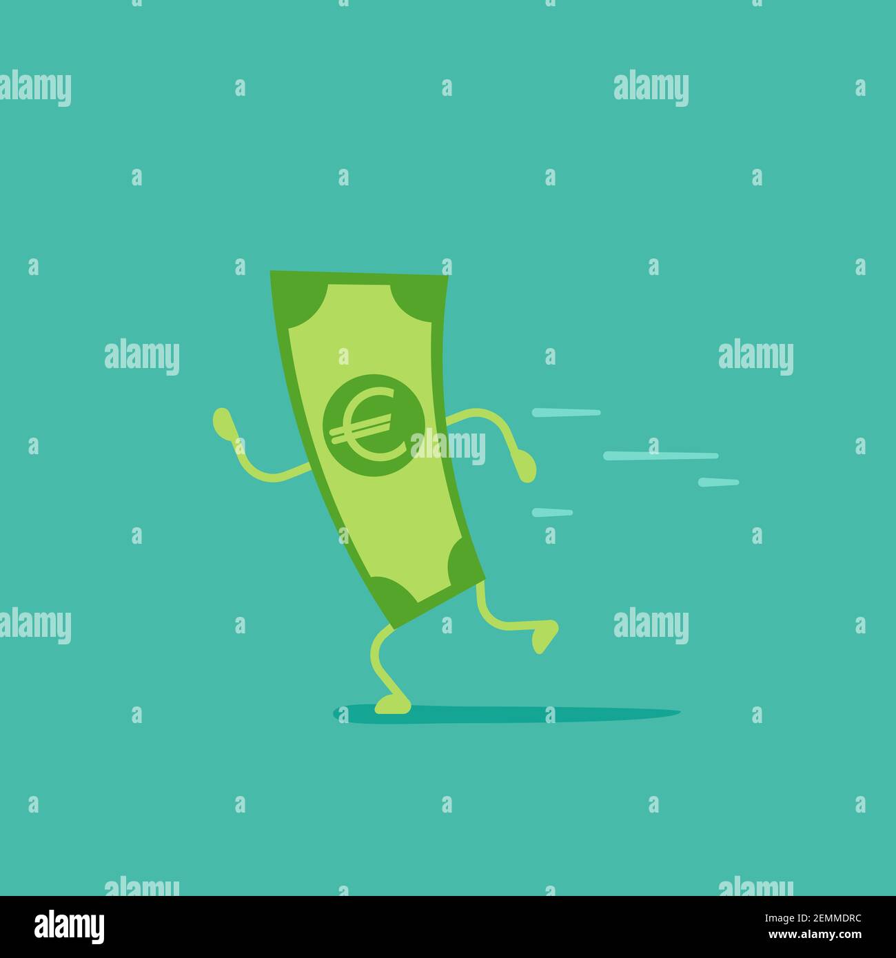Green euro banknote with legs and hands running. Flat vector ...