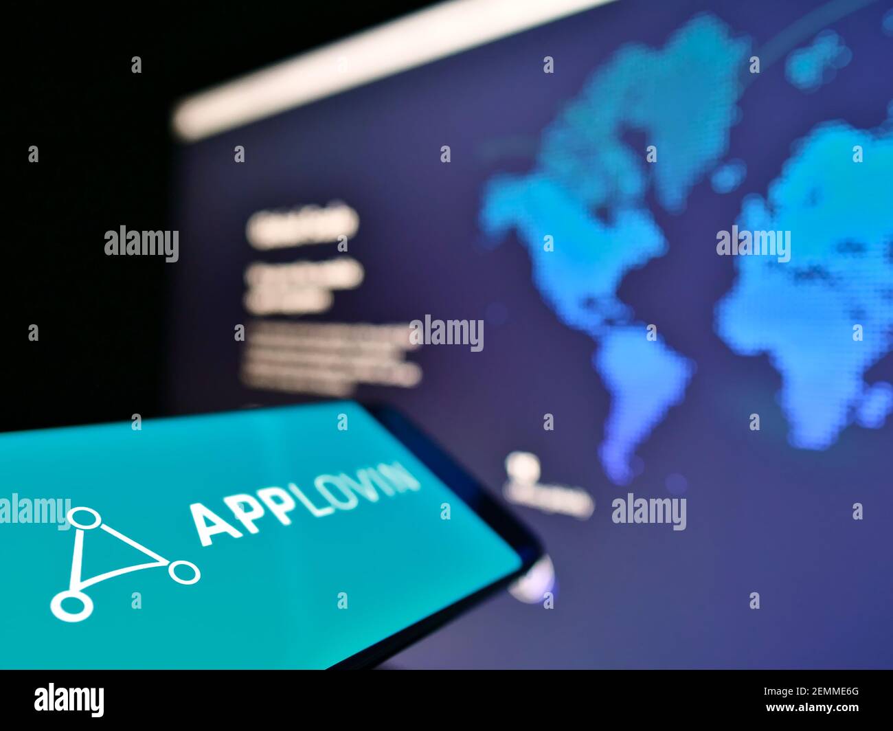 Mobile phone with logo of US mobile technology company AppLovin Corp ...