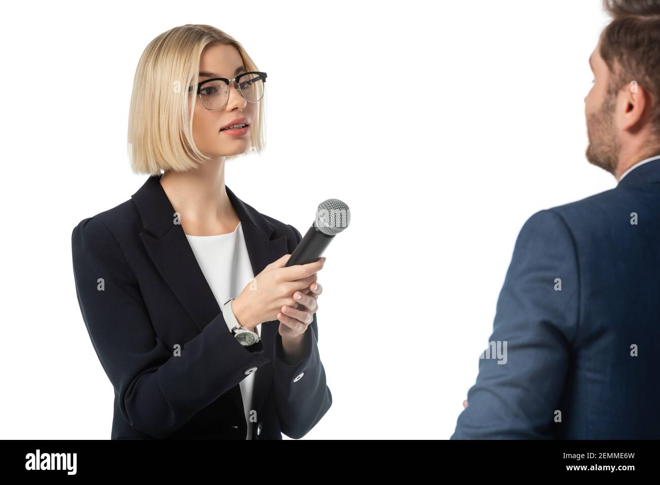 blonde newscaster taking interview from businessman isolated on white ...