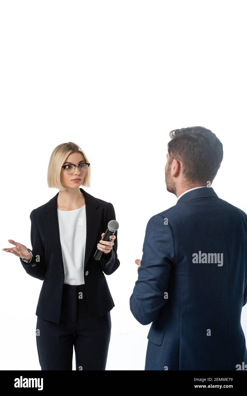 discouraged journalist taking interview from businessman isolated on ...