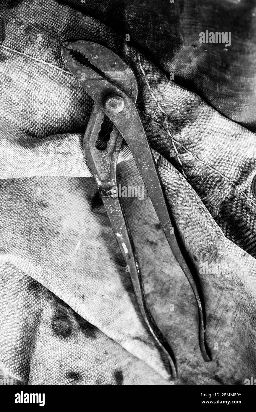 Rusted pipe wrench, old used tool, France Stock Photo - Alamy