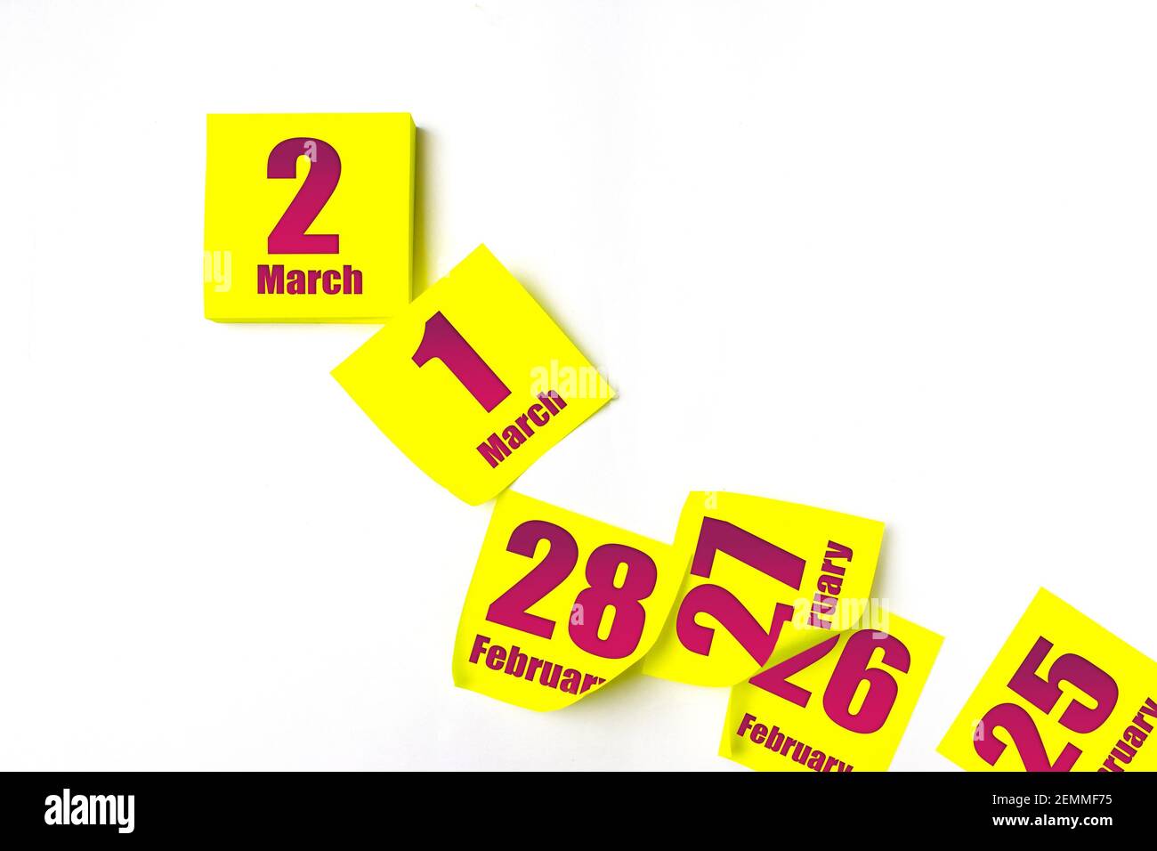 March 2nd. Day 2 of month, Calendar date. Many yellow sheet of the ...