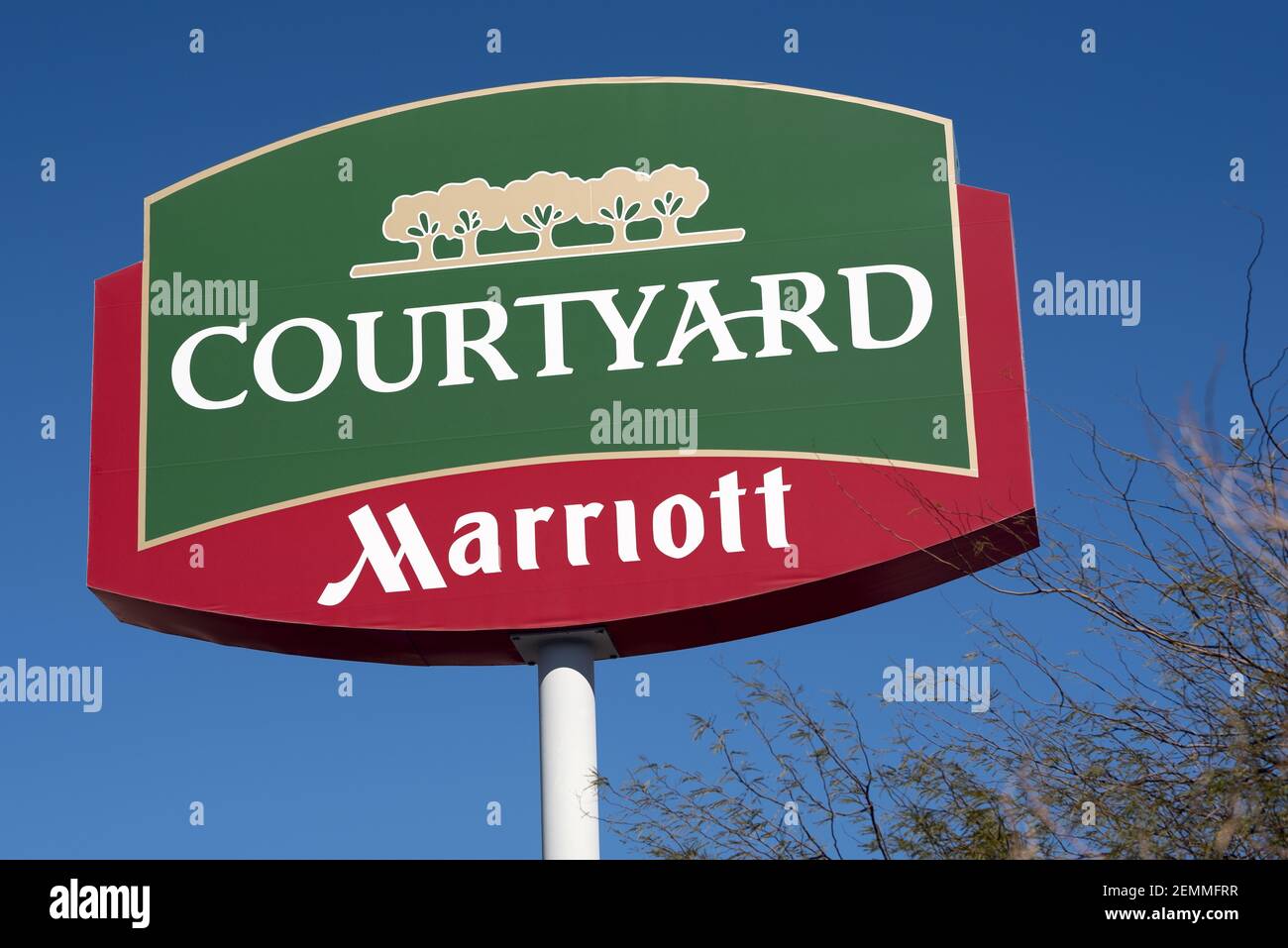 Signage is displayed outside of a Courtyard by Marriott hotel in Las ...