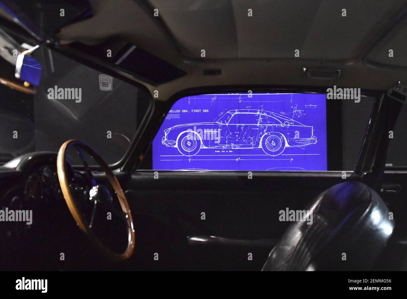 An Aston Martin DB5, famously used in the James Bond movies, on display ...
