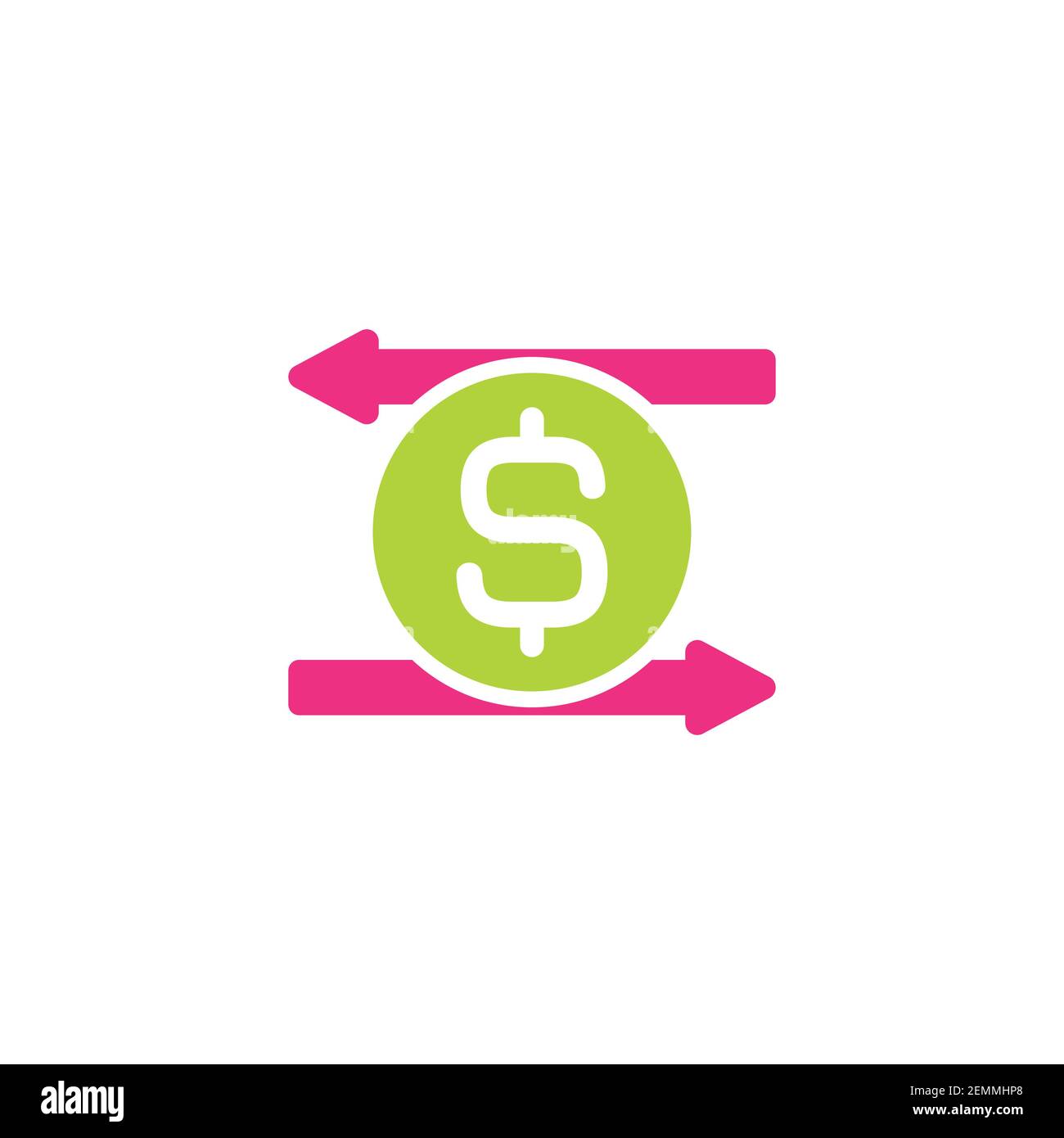 Two pink magenta arrows with dollar sign in green circle. Flat icon ...