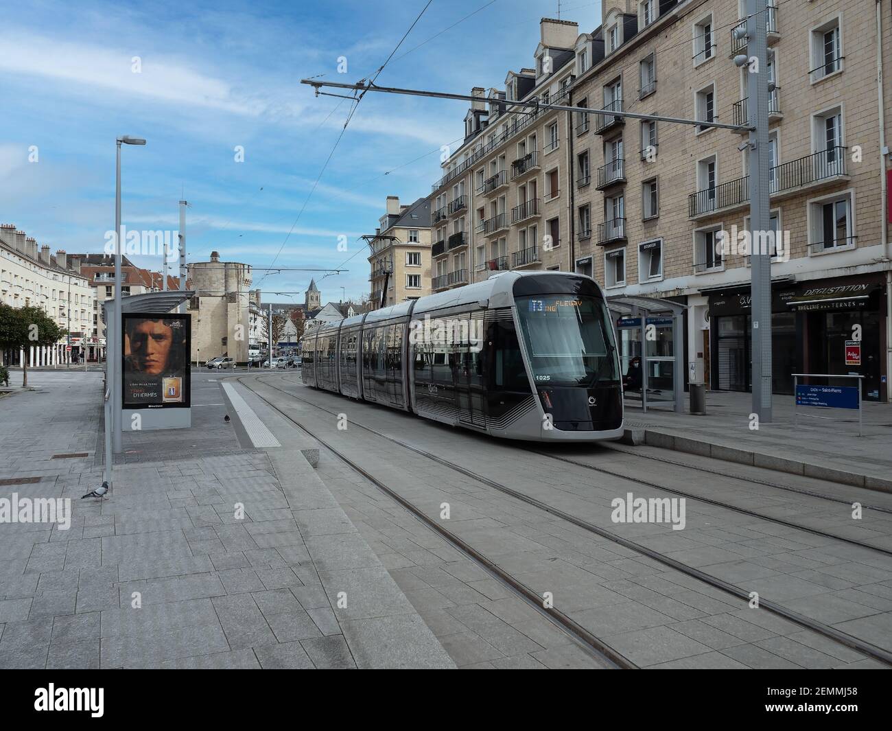 Caen, France February 20, 2021. The city center a new tram line ...