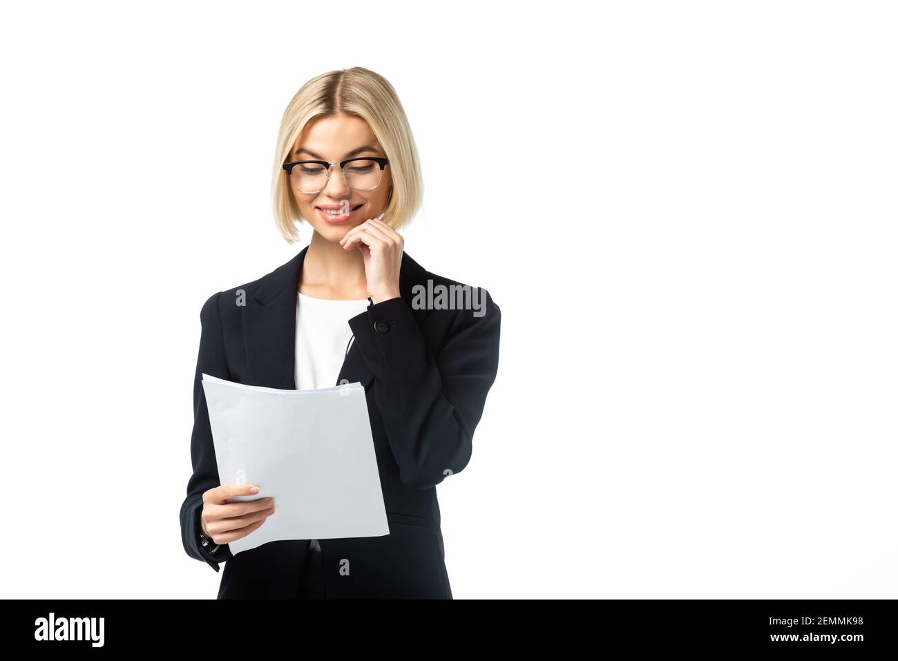 smiling news anchor in eyeglasses holding papers isolated on white ...