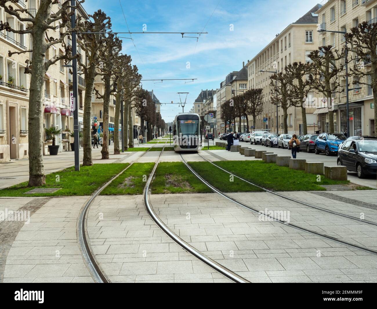 Caen, France February 20, 2021. The city center a new tram line ...