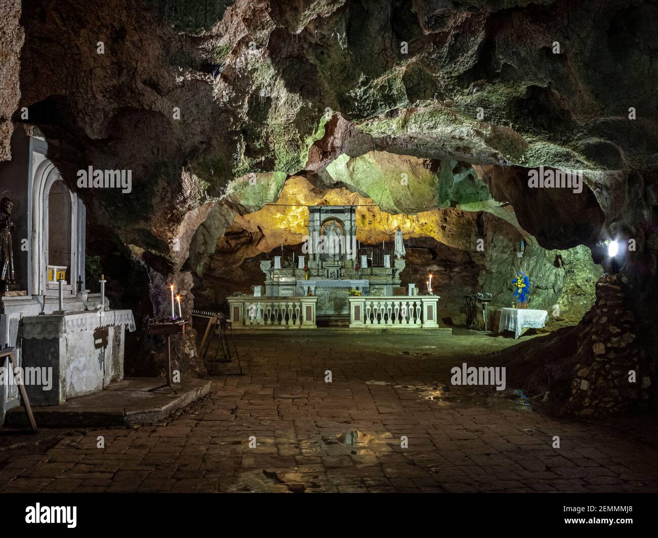 High altar in the cave of San Michele. Natural cavity located on a hill ...