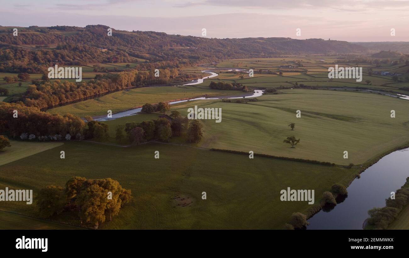 Aerial view of slurry spread Fields on the Towy River floodplain Stock ...