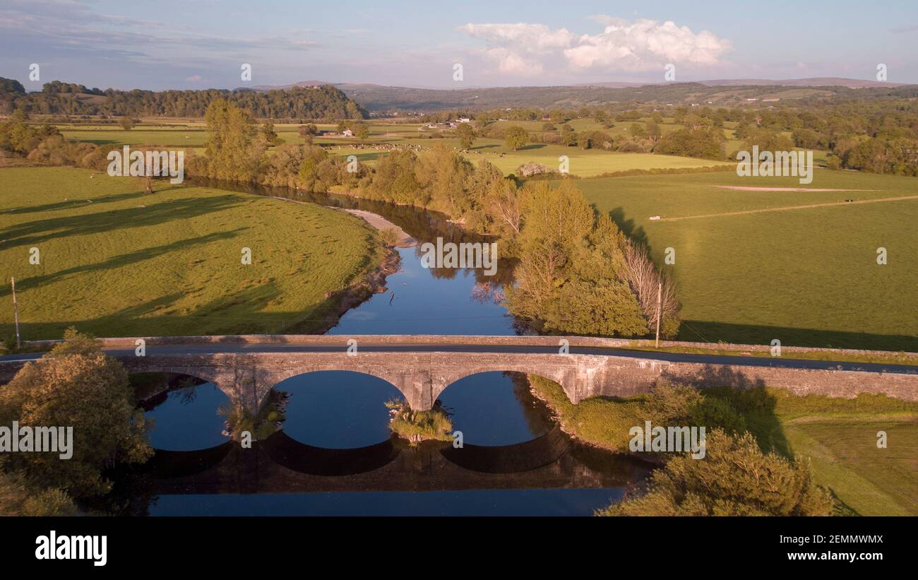 Aerial view of Cilsan Bridge and fields on the Towy River floodplain ...