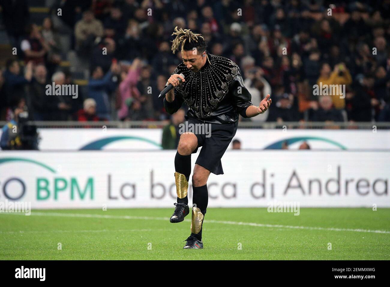 MILAN, ITALY - MARCH 17: Italian rapper Ghali performs before the serie ...