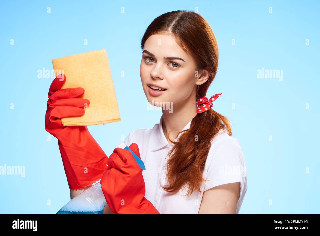 professional cleaning lady detergent with a rag in her hands working ...