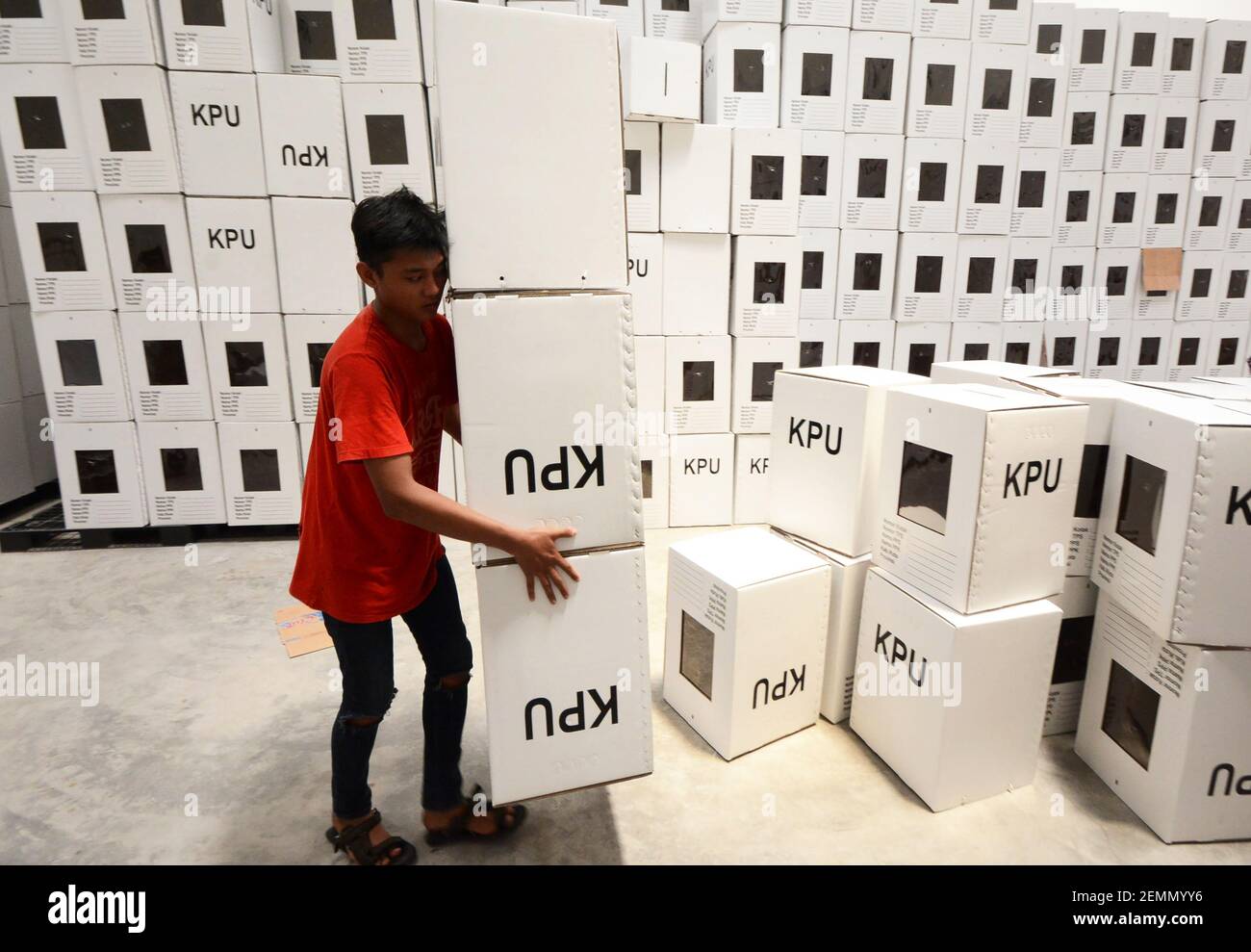 Workers organize ballot boxes for the 2019 General Election after being ...