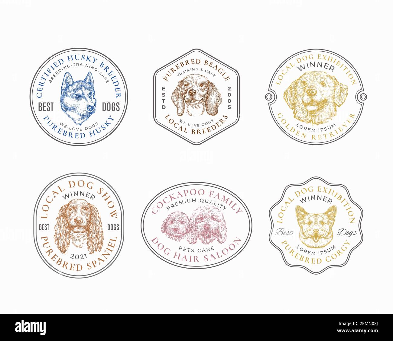 Dog Breeds Frame Badges or Logo Templates Collection. Hand Drawn Husky ...