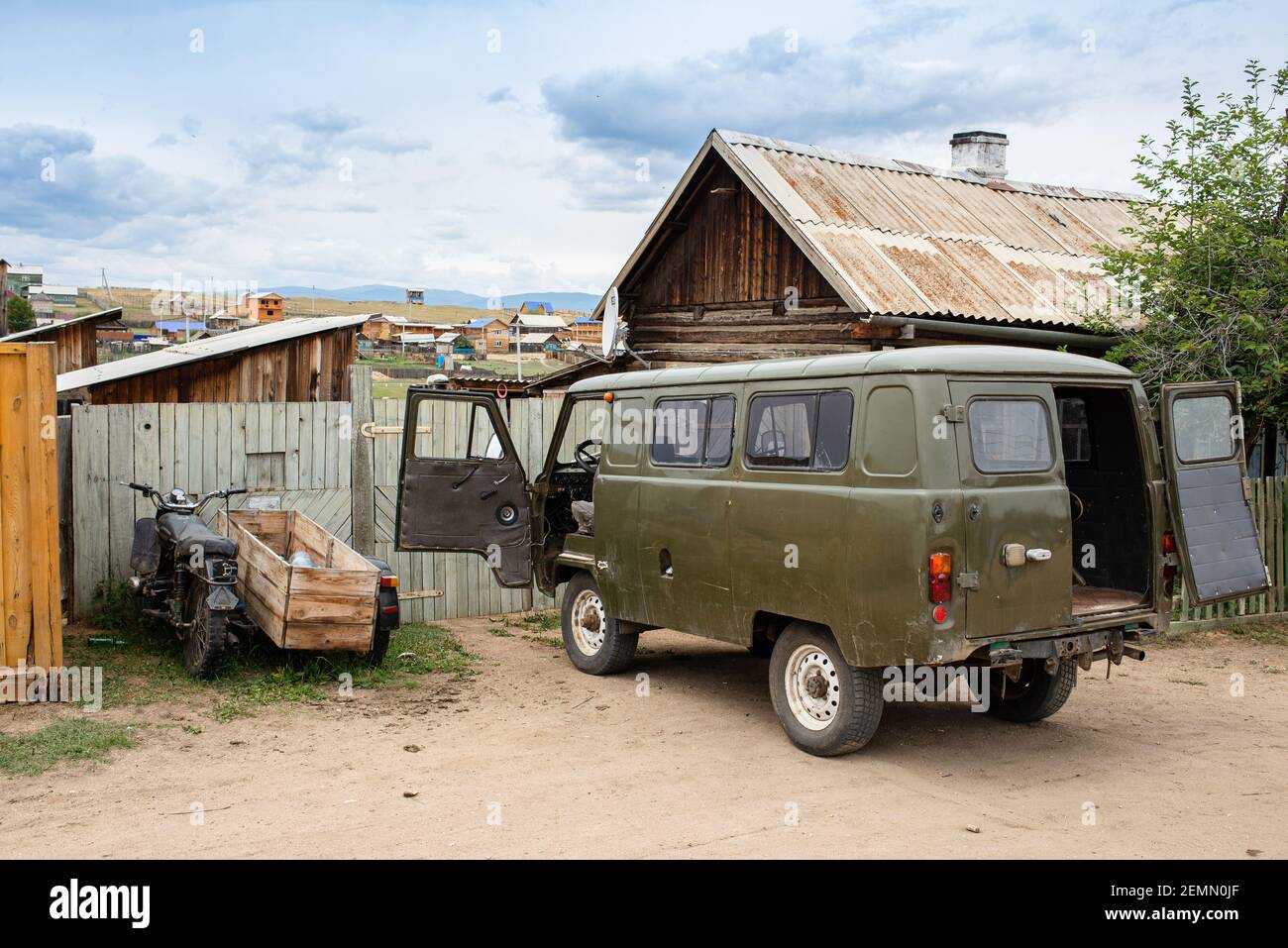 Off-road soviet van in Khuzhir is the main village on Olkhon Island in ...