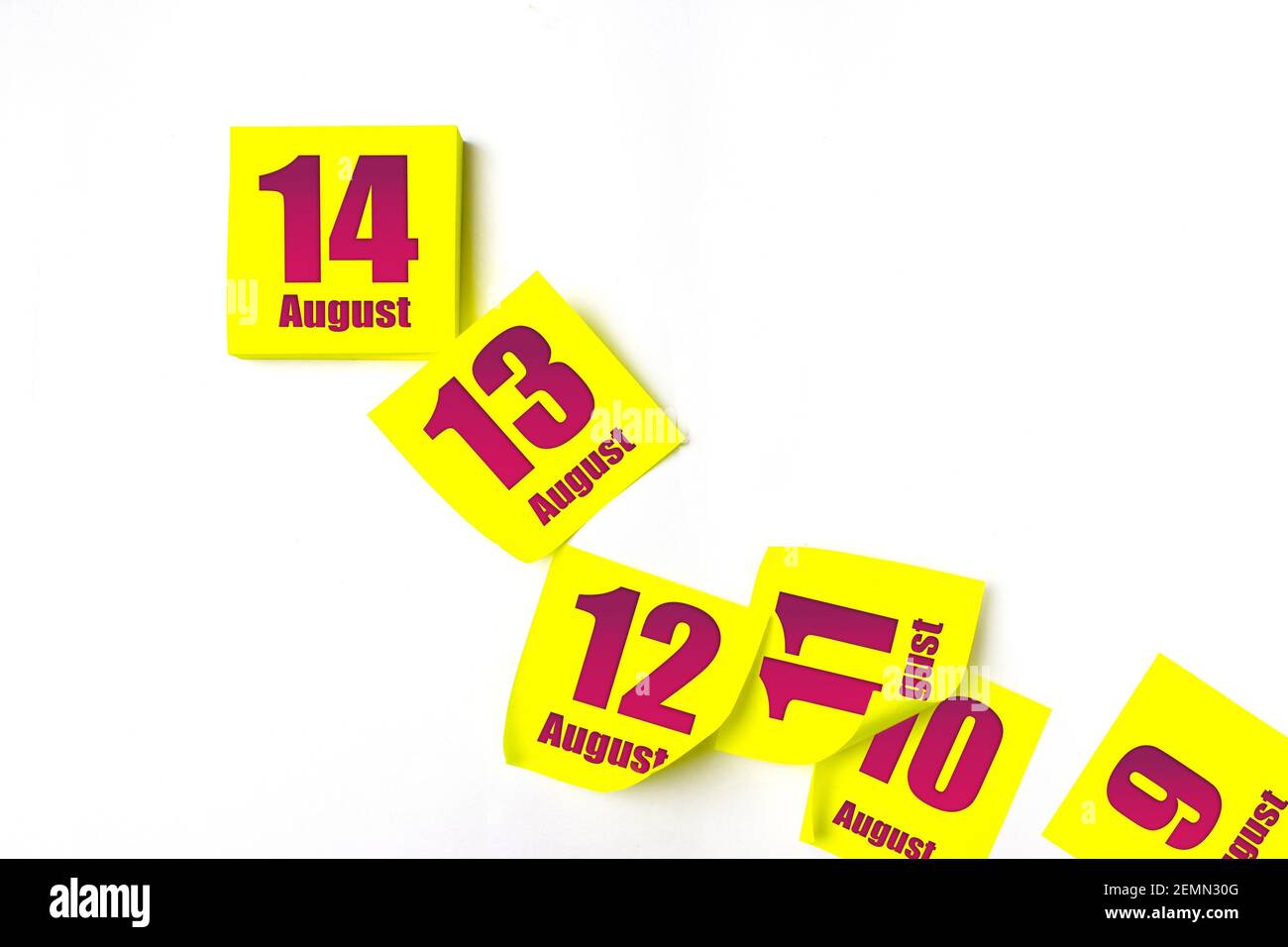 August 14th. Day 14 of month, Calendar date. Many yellow sheet of the ...