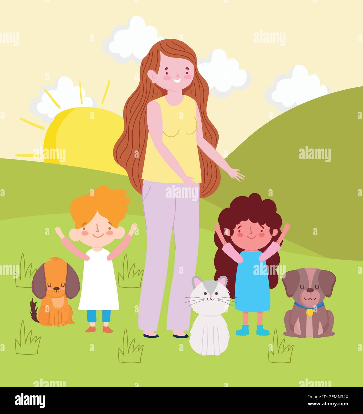 mom with son daughter pets Stock Vector Image & Art - Alamy
