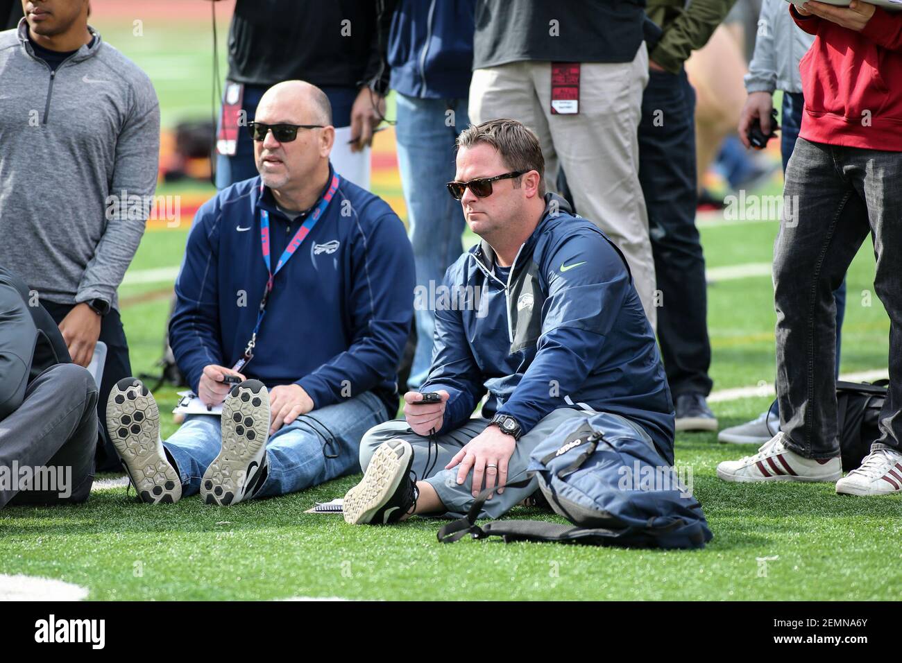 Seattle Seahawks scout Scott Fritter timing the shuttle during the USC ...
