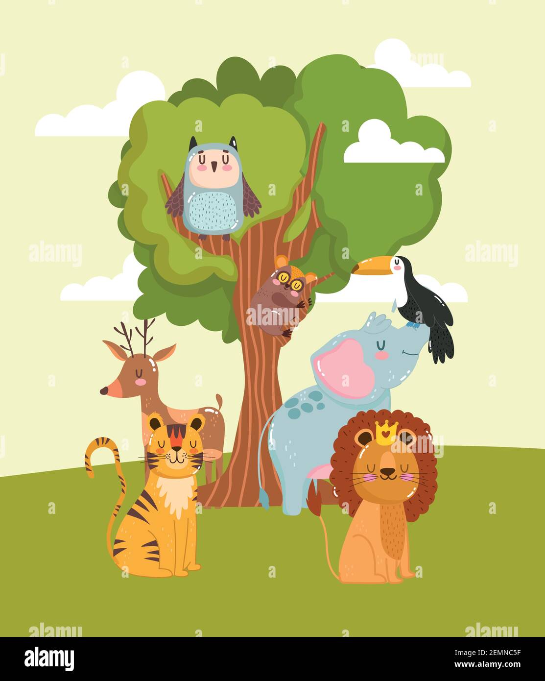 Animals characters wild tree cartoon Stock Vector Image & Art - Alamy