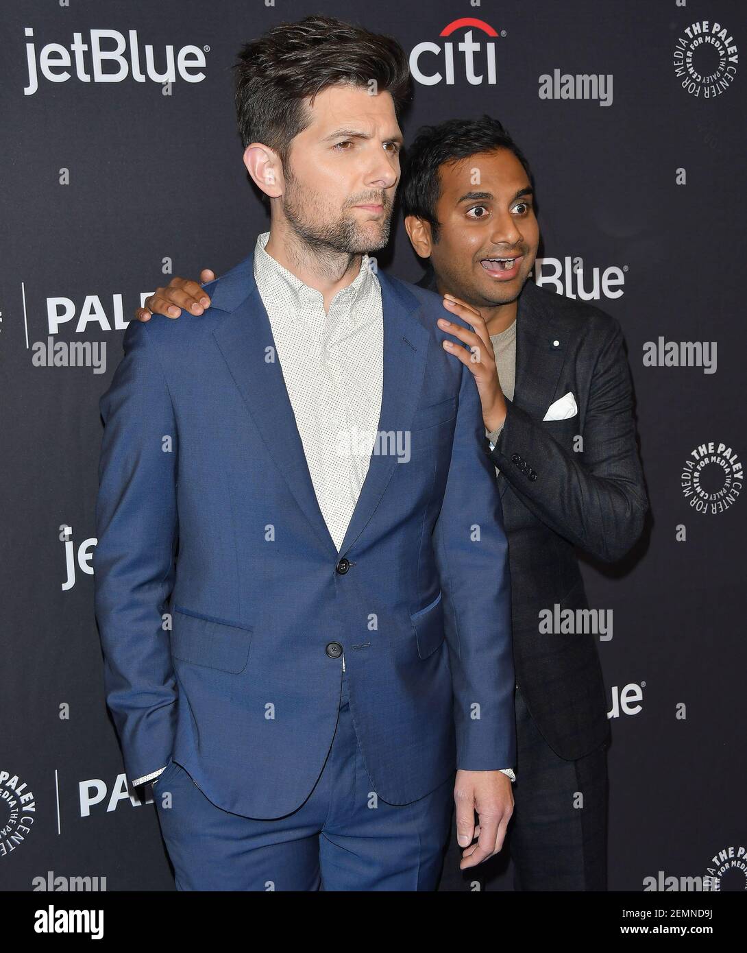 (L-R) Adam Scott and Aziz Ansari at The Paley Center For Media's 2019 ...