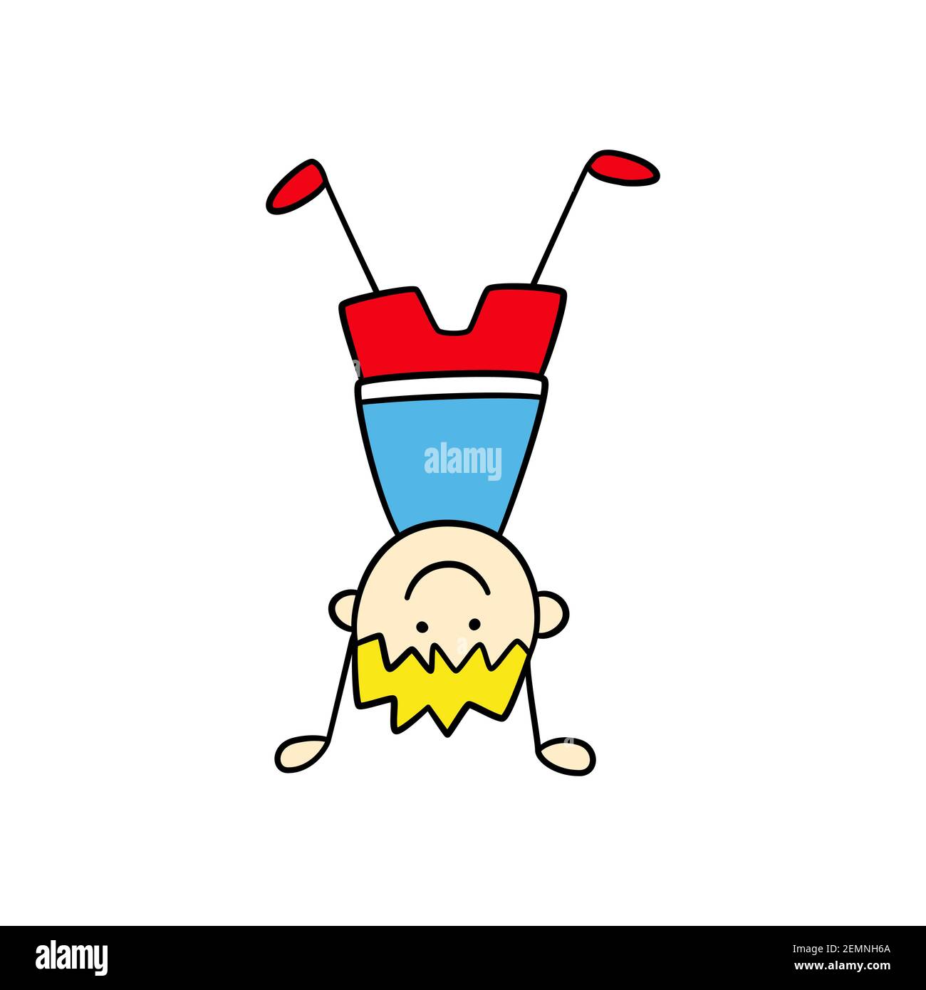 Funny little boy is standing upside down. Cute kid drawing. Hand drawn ...