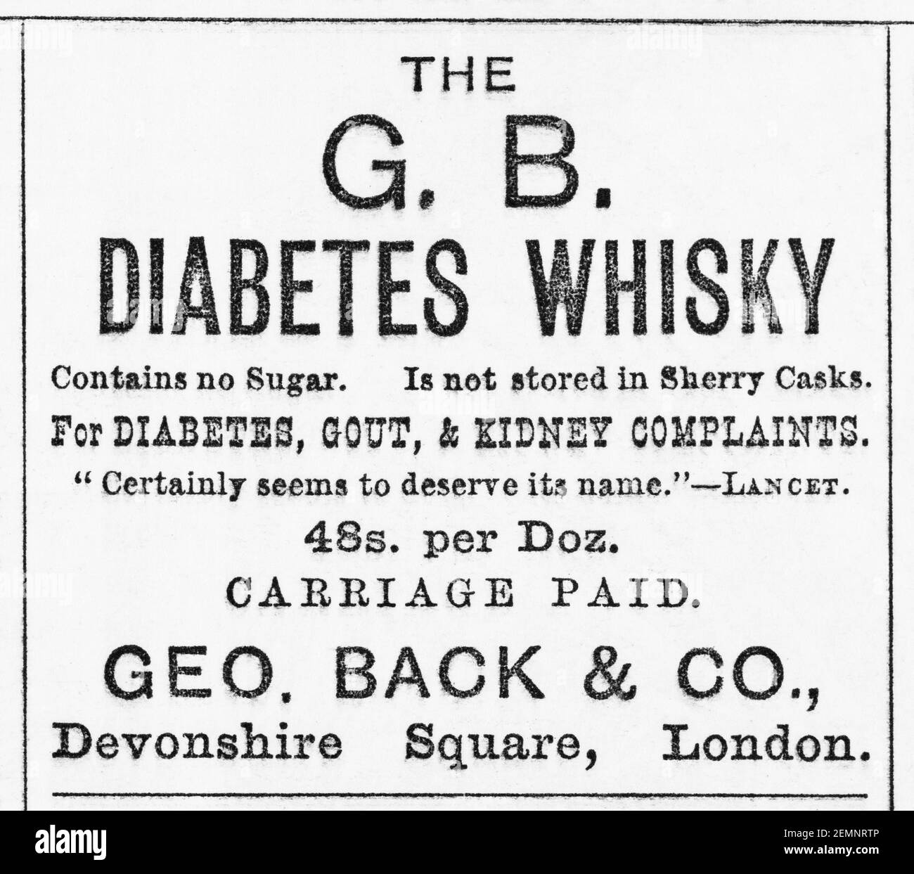 Old Victorian magazine newsprint George Back 'Diabetes whiskey' advert ...