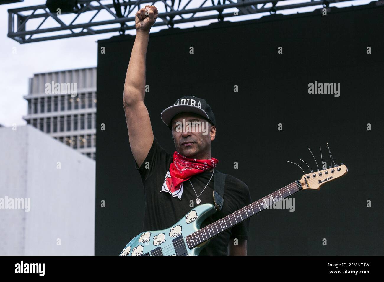 Guitarist Tom Morello performs at the ACLU 100 tour at Grand Park in ...