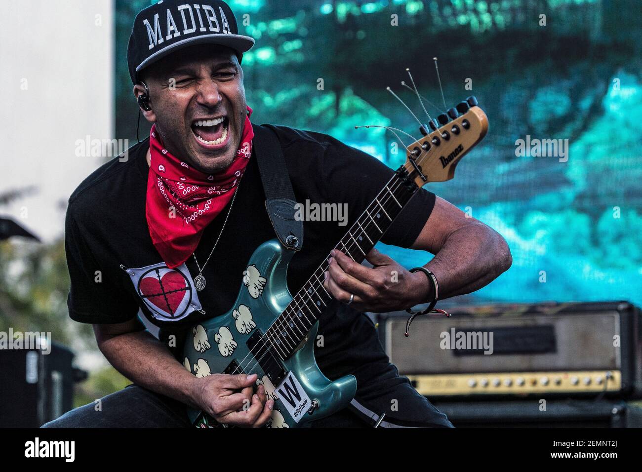 Guitarist Tom Morello performs at the ACLU 100 tour at Grand Park in ...