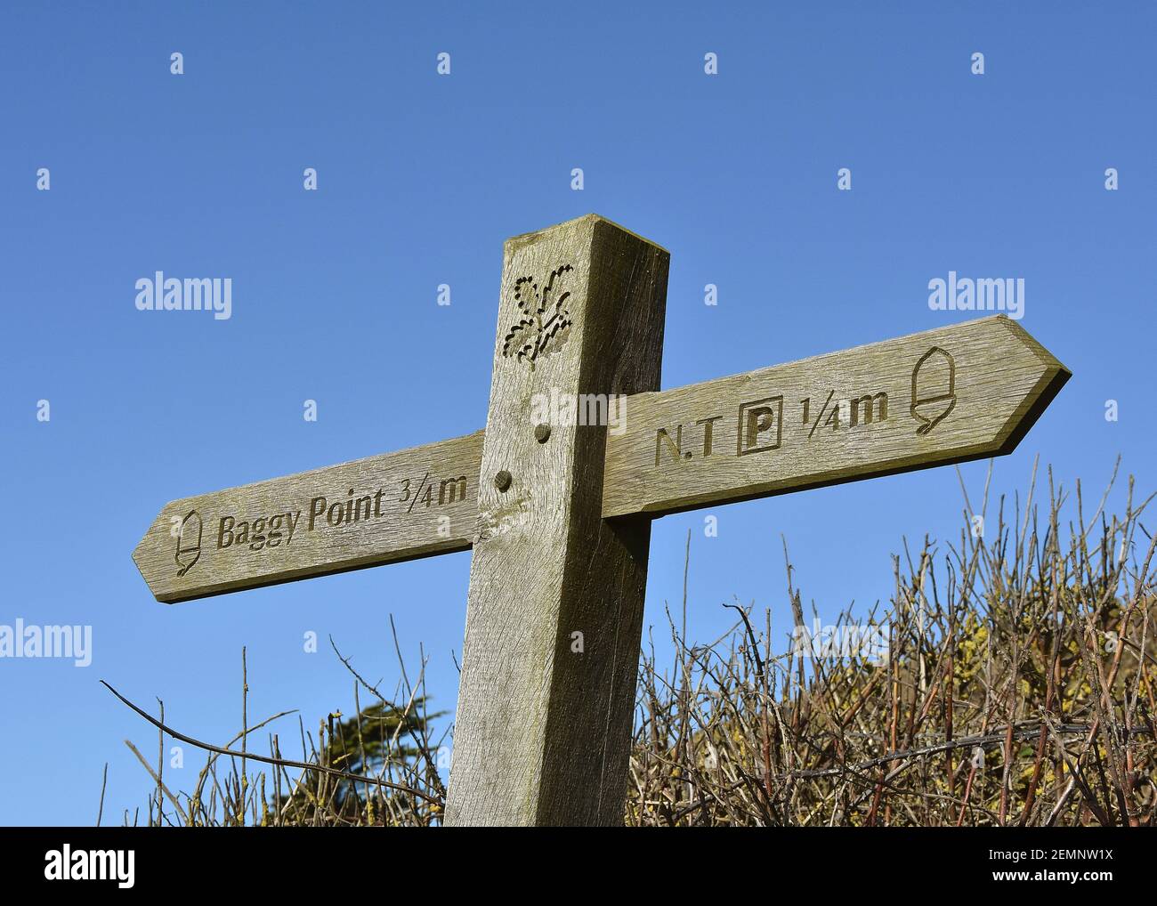 Signs around Baggy Point, Baggy Point, North Devon Coast Stock Photo ...
