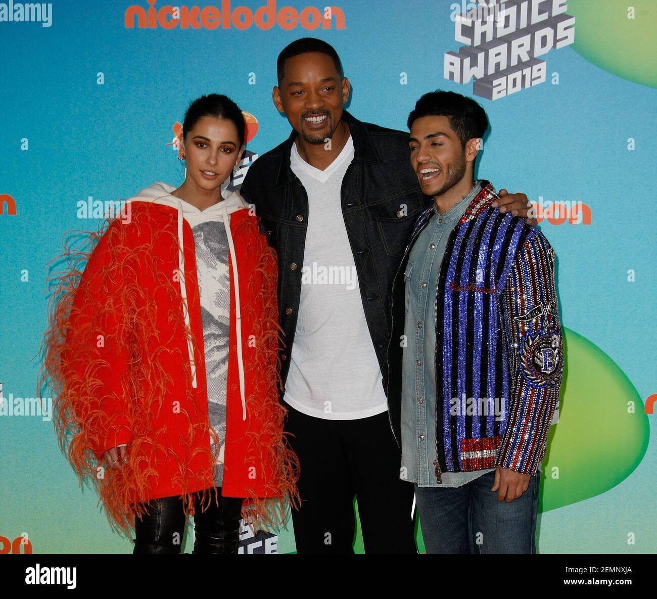 LOS ANGELES, CA - MARCH 23: Naomi Scott, Will Smith, Mena Massoud attends Nickelodeon's 2019 ...