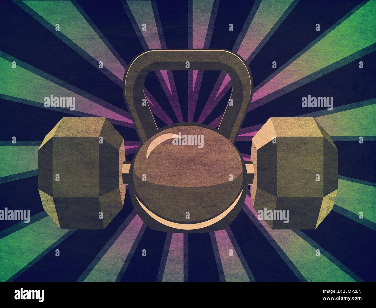 Abstract fitness themed retro design, dumbbells and kettlebell paper ...