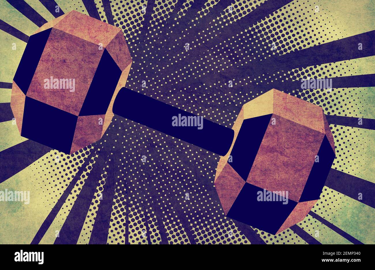 Abstract fitness themed retro design, dumbbells paper textured ...