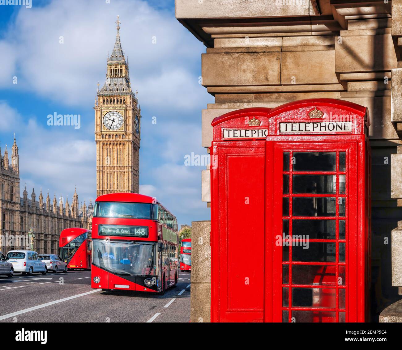 London symbols with BIG BEN, DOUBLE DECKER BUSES and Red Phone Booths ...