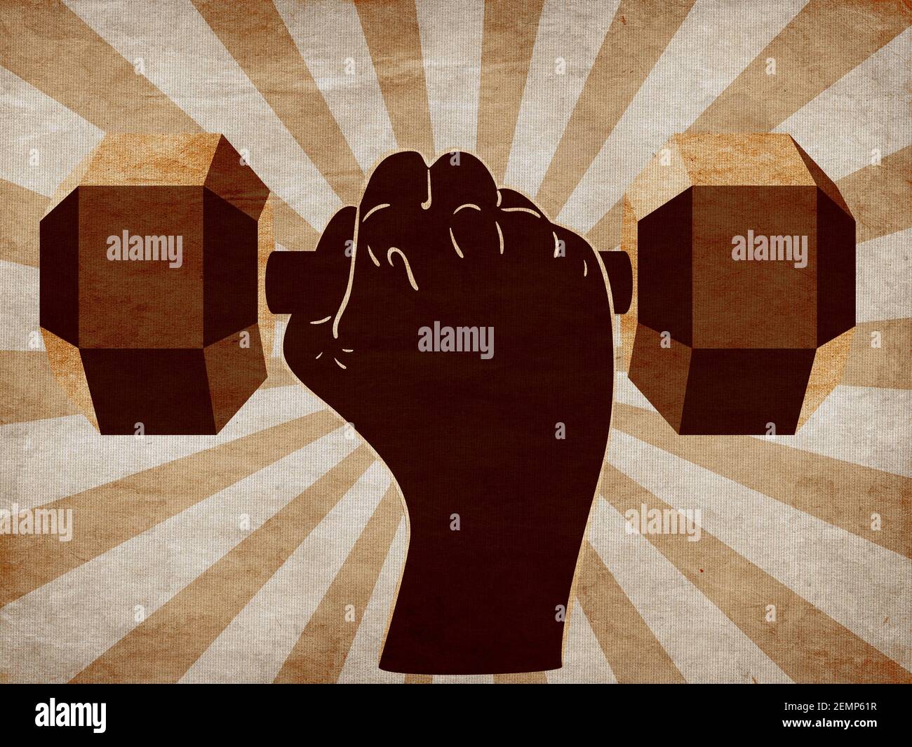 Human hand holding dumbbells, sports themed retro paper textured ...